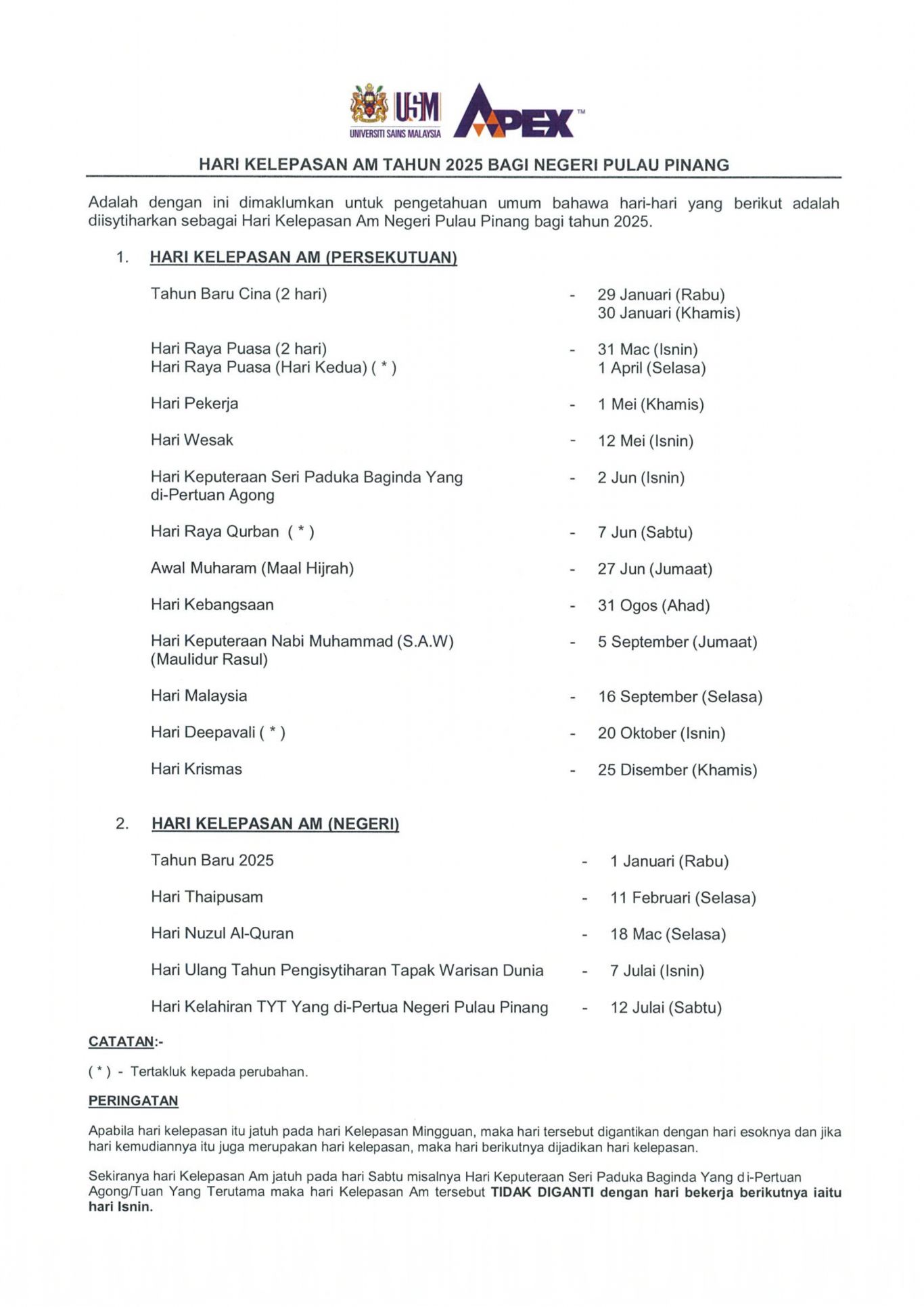 HEBAHAN PENDAFTAR BIL. 1 TAHUN 2025 : HARI KELEPASAN AM TAHUN 2025 BAGI ...